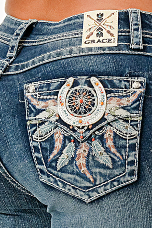 Feather Embroidery Faux Flap Bootcut Jeans – Grace in LA